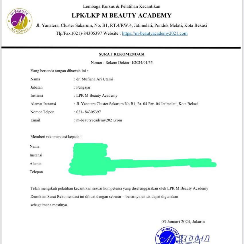 Surat Rekomendasi LPK | M Beauty Shop