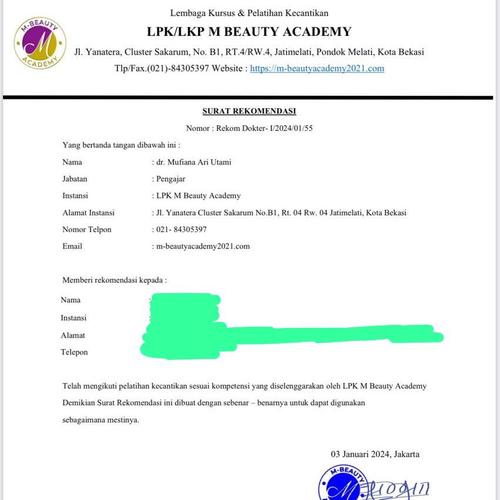 Surat Rekomendasi LPK | M Beauty Shop